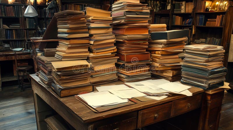 Stacked Books Papers Desk Old Room Library Stock Illustration ...