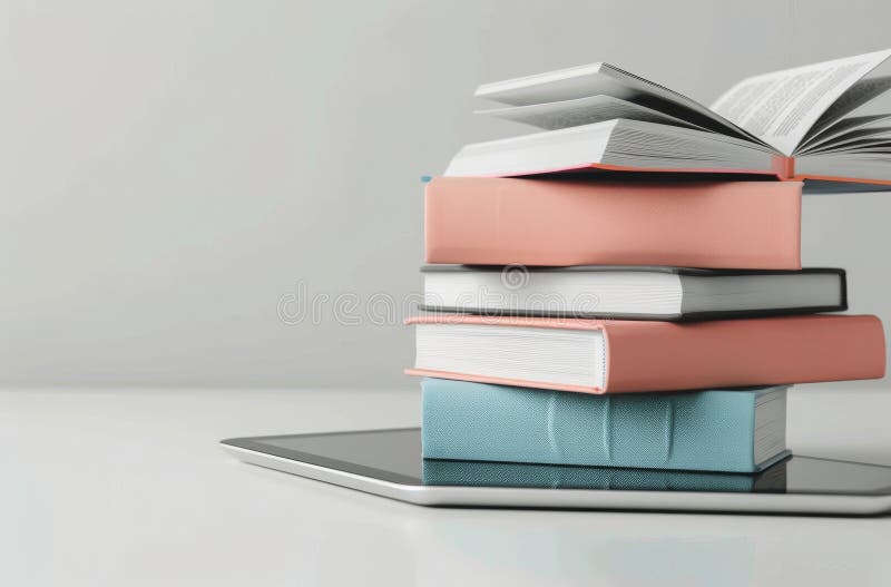 Stacked Books on a Tablet with Open Pages in a Minimalist Workspace ...