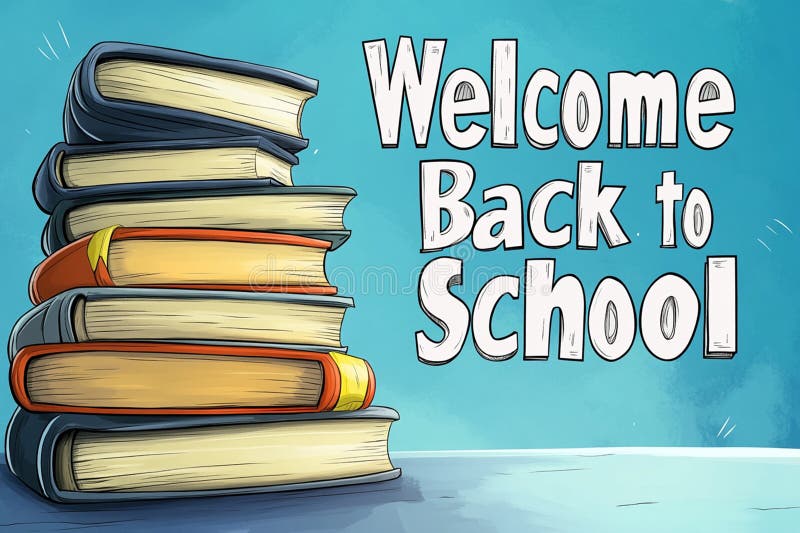 Stacked Books with Welcome Back To School Text on Light Blue Stock ...