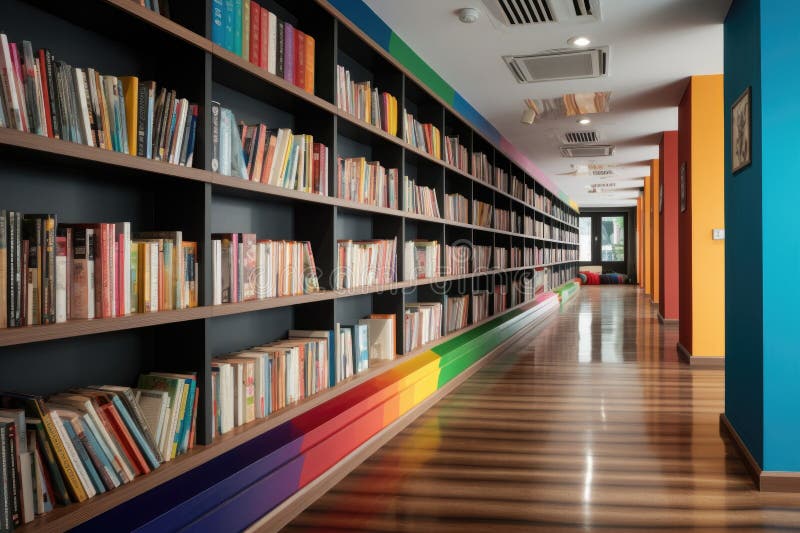 Stacked Bookshelves with Colorful Book Spines in a Modern Library Stock ...