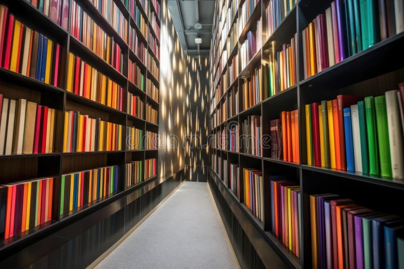 Stacked Bookshelves with Colorful Book Spines in a Modern Library Stock ...