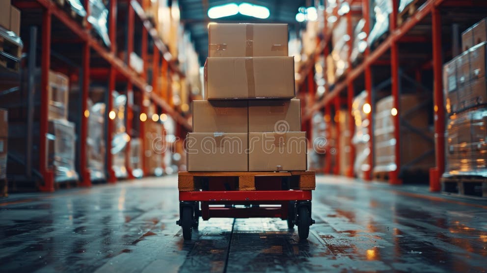 Stacked Boxes on a Cart in a Warehouse Aisle Stock Image - Image of ...