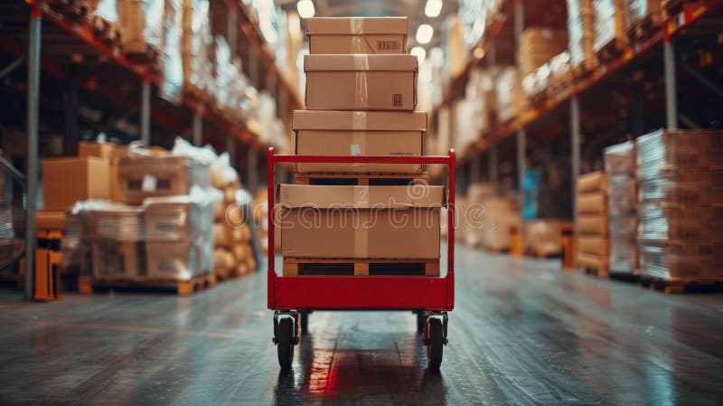 Stacked Boxes on a Cart in a Warehouse Aisle. Stock Photo - Image of ...