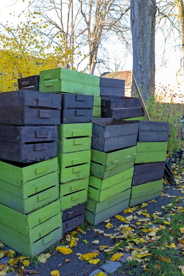 Stacked Boxes Crates stock image. Image of stack, leaves - 160654963