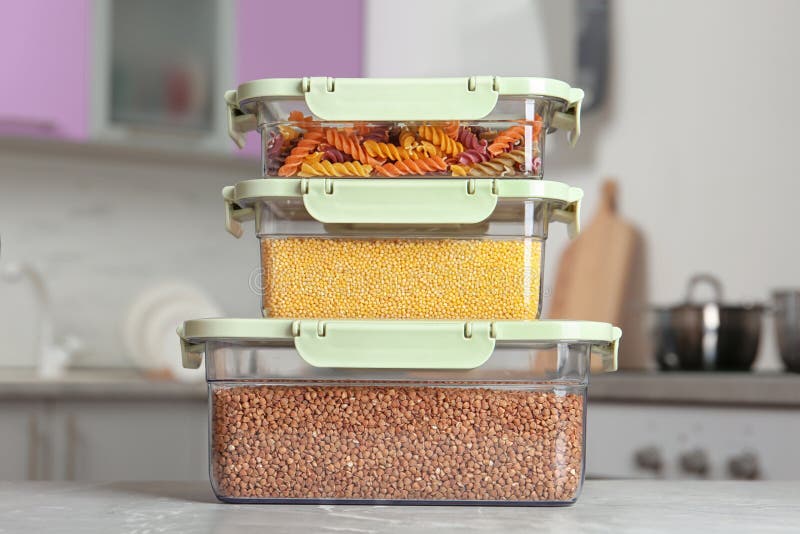 Stacked Boxes with Different Food on Table Stock Image - Image of ...