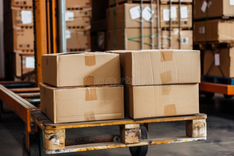 Stacked Boxes on Dolly in Warehouse Stock Photo - Image of packaging ...