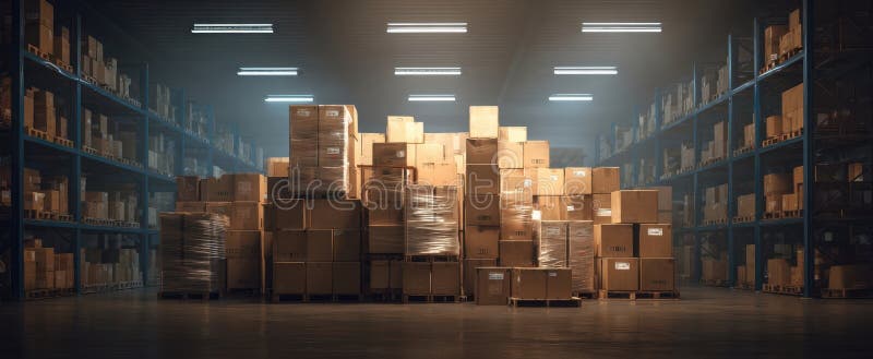 The Stacked Boxes in an Illuminated Warehouse Create an Organized ...