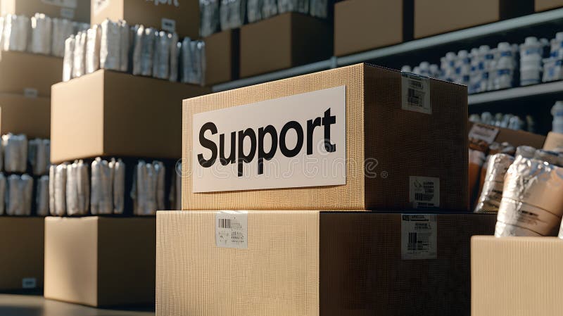 Stacked Boxes with Labeled Support in Warehouse Filled with Essential ...