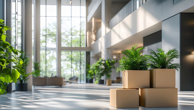 Stacked Boxes in Modern Office Lobby Symbolize Corporate Relocation ...