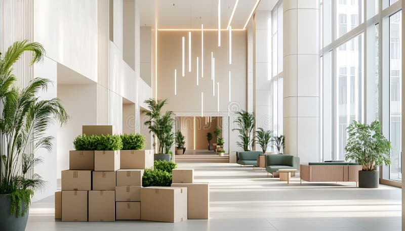 Stacked Boxes in Modern Office Lobby Symbolize Corporate Relocation ...