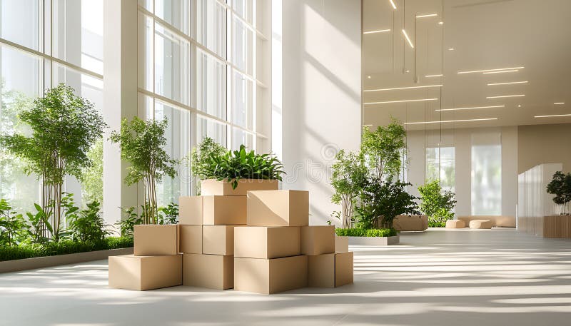 Stacked Boxes in Modern Office Lobby Symbolize Corporate Relocation ...