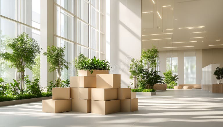 Stacked Boxes in Modern Office Lobby Symbolize Corporate Relocation ...