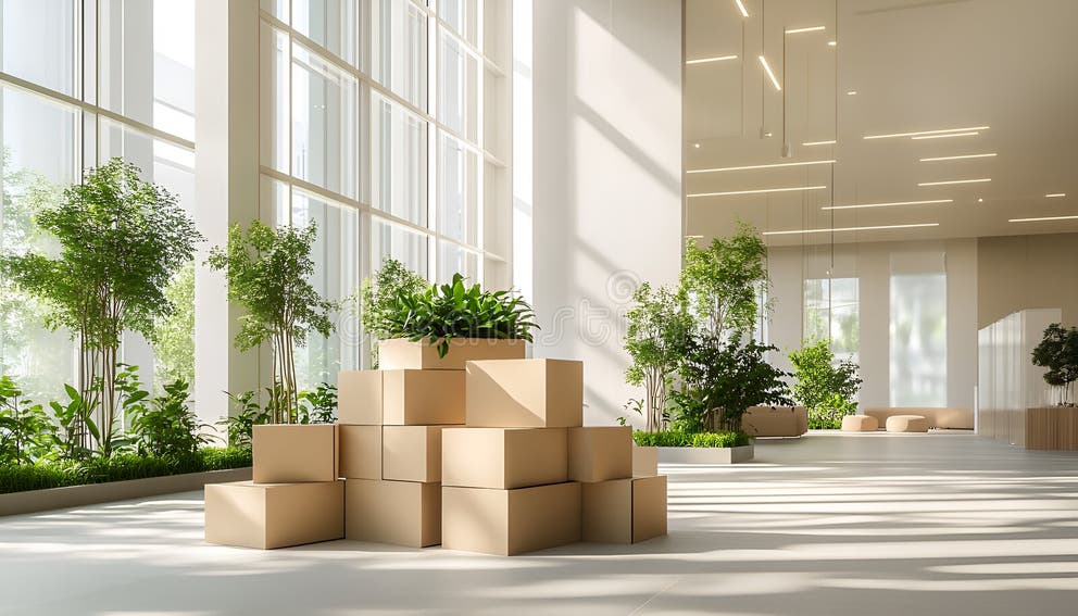 Stacked Boxes in Modern Office Lobby Symbolize Corporate Relocation ...