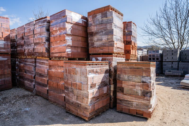 Stacked Bricks and Blocks Building Material at Warehouse or ...