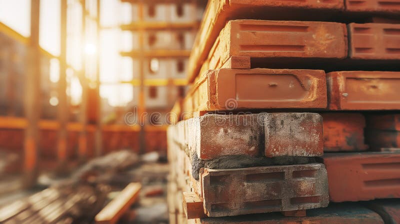 Stacked Bricks at Construction Site, Building Materials in Foreground ...