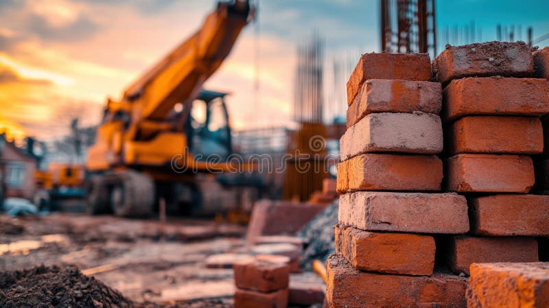 Stacked Bricks at a Construction Site with an Excavator in the ...