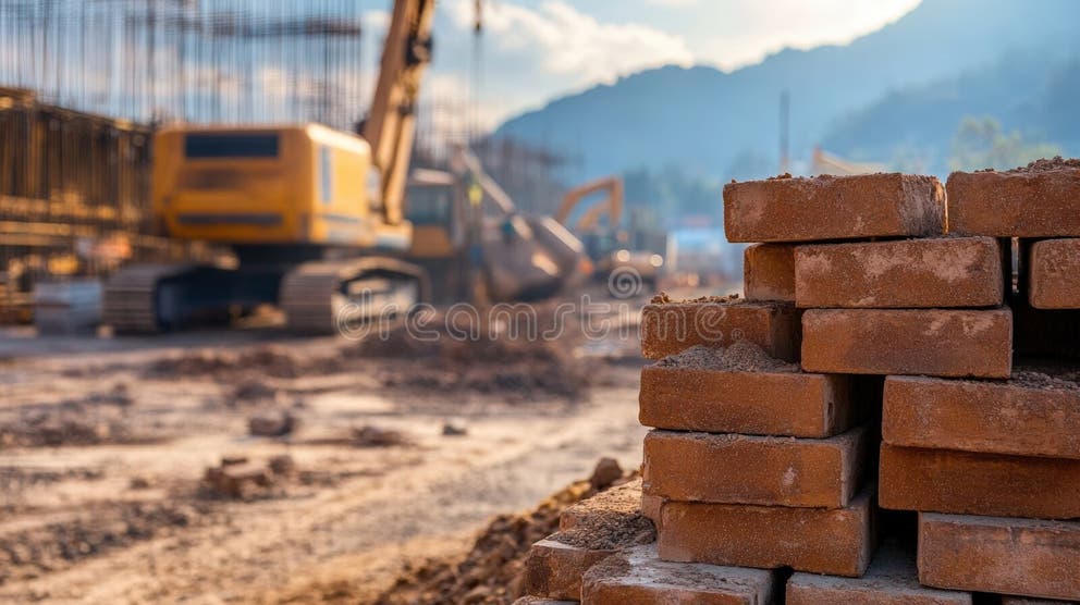 Stacked Bricks at a Construction Site with an Excavator in the ...