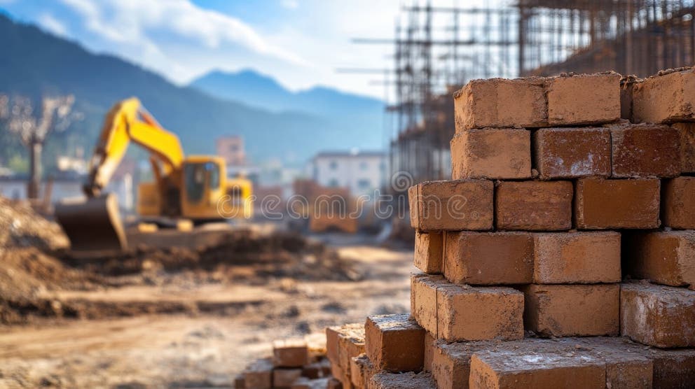 Stacked Bricks at a Construction Site with an Excavator in the ...