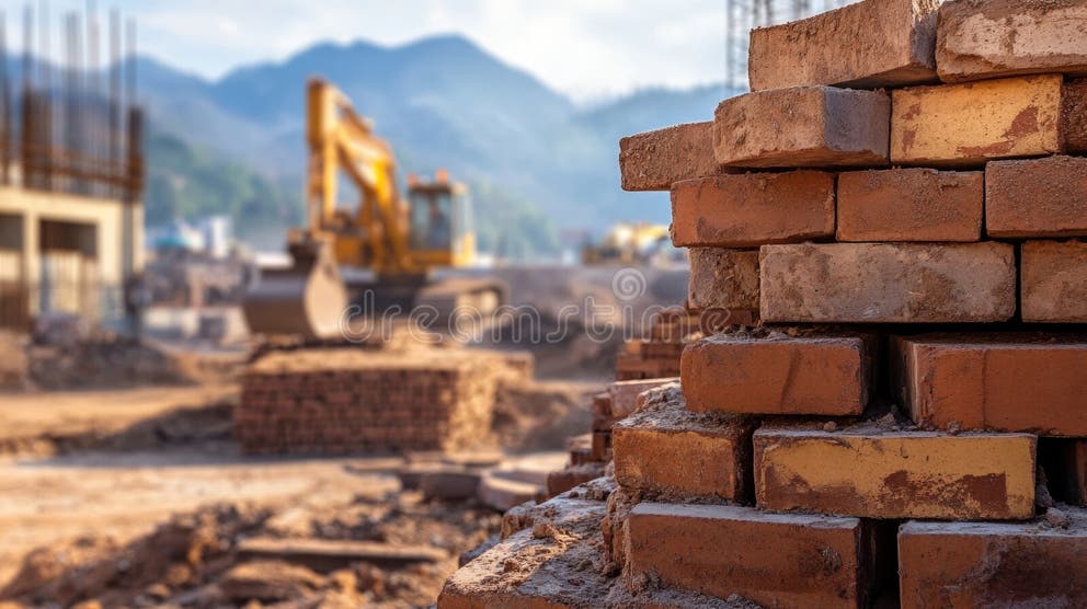 Stacked Bricks at a Construction Site with an Excavator in the ...