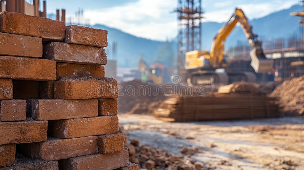 Stacked Bricks at a Construction Site with an Excavator in the ...