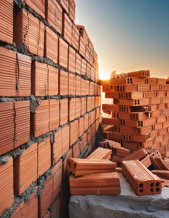 Stacked Bricks and Construction Wall at Sunset. Construction Site and ...