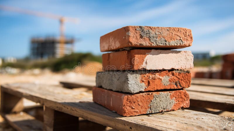 Stacked Bricks on Wooden Pallets at a Construction Site with a Building ...