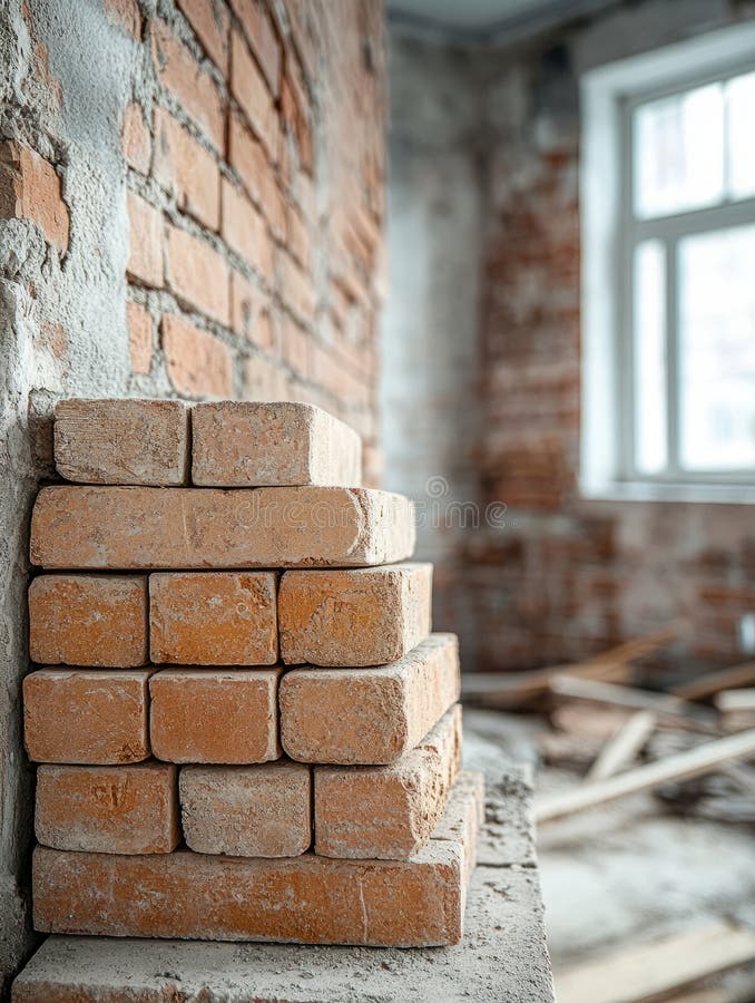 Stacked Bricks in a Rustic, Unfinished Room with Window Light. Stock ...