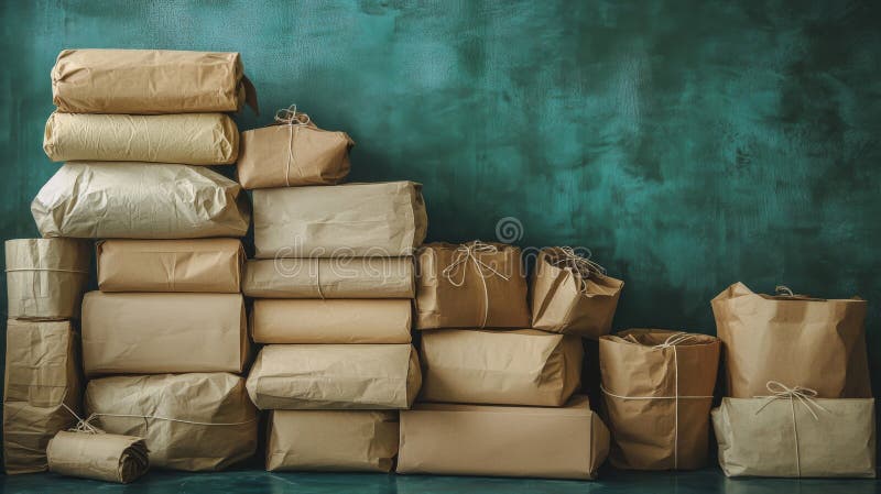 Stacked Brown Paper Parcels Tied with String Against Textured Green ...