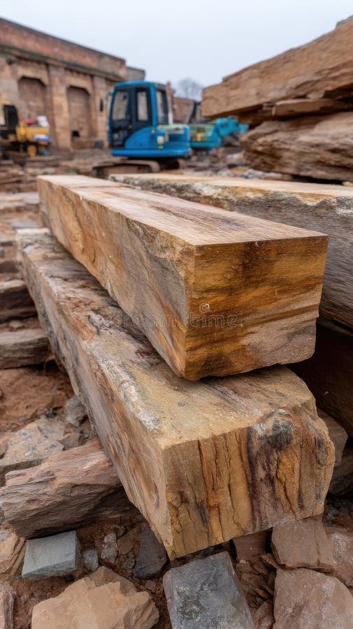 Stacked Brown Stone Blocks on a Construction Site with Heavy Equipment ...