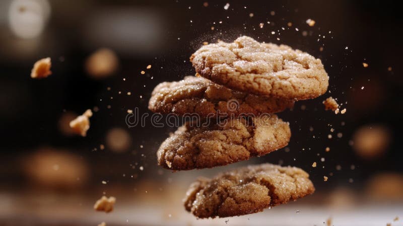 Stacked Brown Sugar Cookies Falling Against Dark Background Stock ...