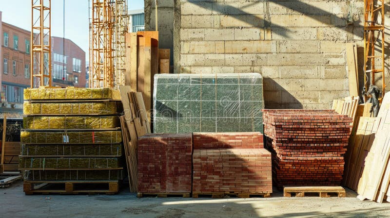 Stacked Building Materials at a Construction Site Stock Image - Image ...