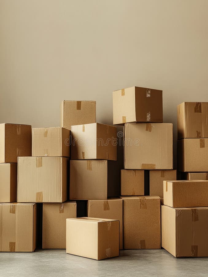 Stacked Cardboard Boxes Against a Plain Background. Stock Image - Image ...