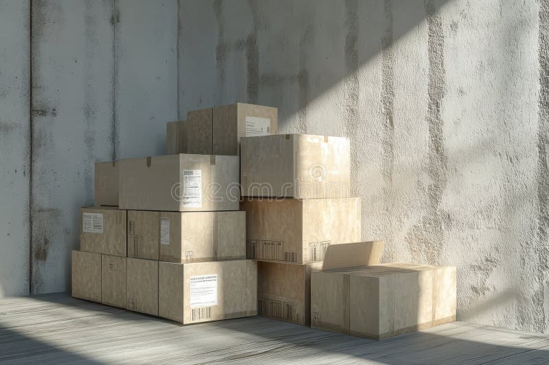 Stacked Cardboard Boxes Against a Rough Textured Wall Stock ...