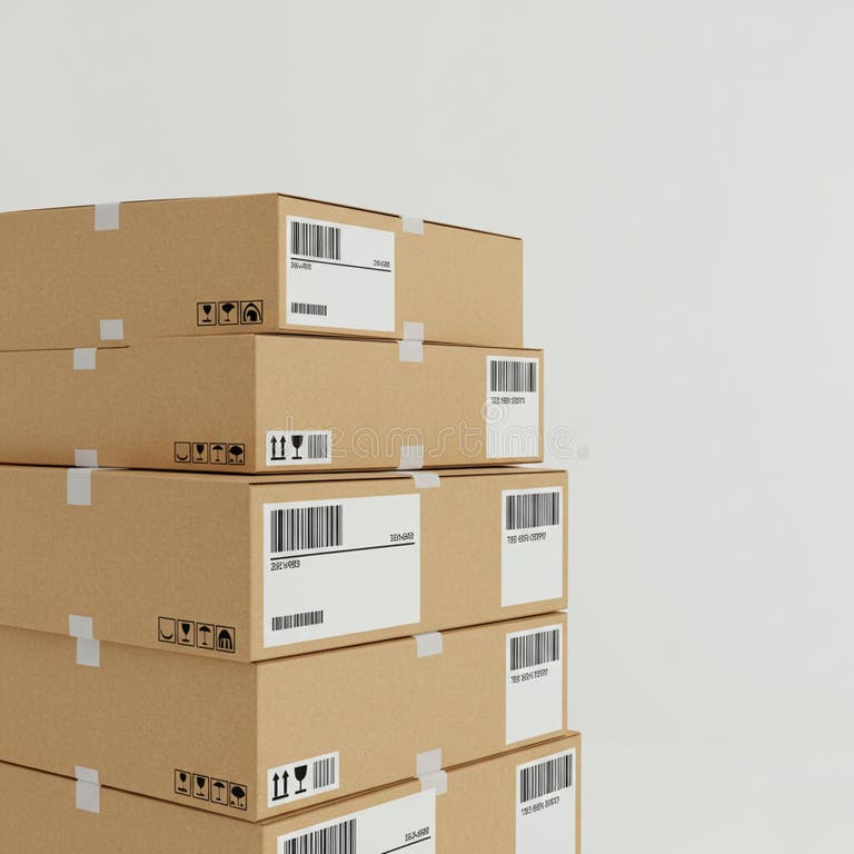 Stacked Cardboard Boxes with Barcode Labels and Handling Symbols. the ...