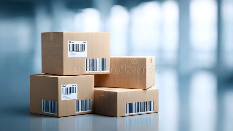 Stacked Cardboard Boxes with Barcodes are Displayed in a Bright, Modern ...