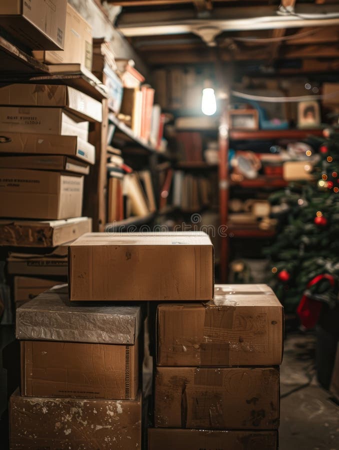 Stacked Cardboard Boxes in a Cluttered Storage Room with Shelves. Stock ...