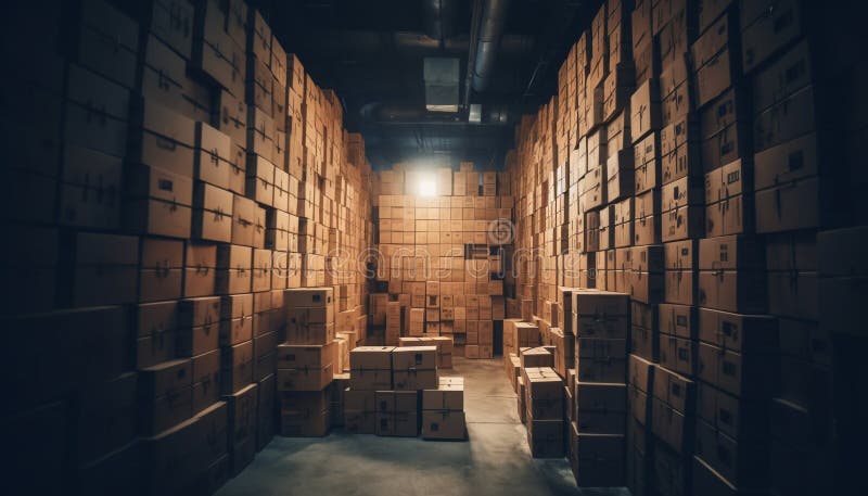 Stacked Cardboard Boxes Fill the Dark Warehouse Generated by AI Stock ...