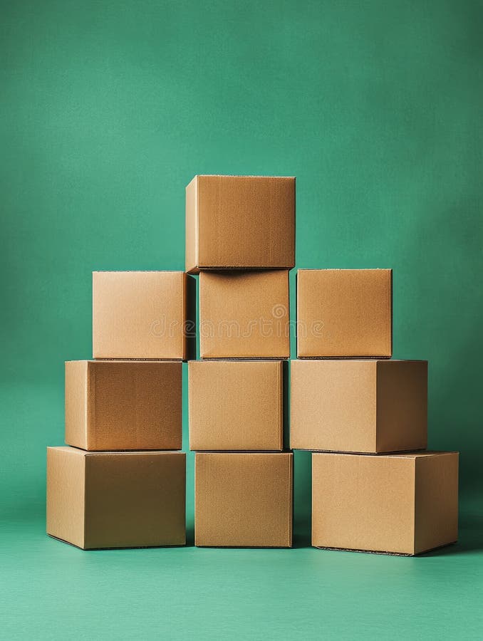Stacked Cardboard Boxes on a Green Background. Stock Image - Image of ...