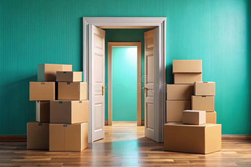 Stacked Cardboard Boxes in Hallway with Open Door on Wood Floor Stock ...