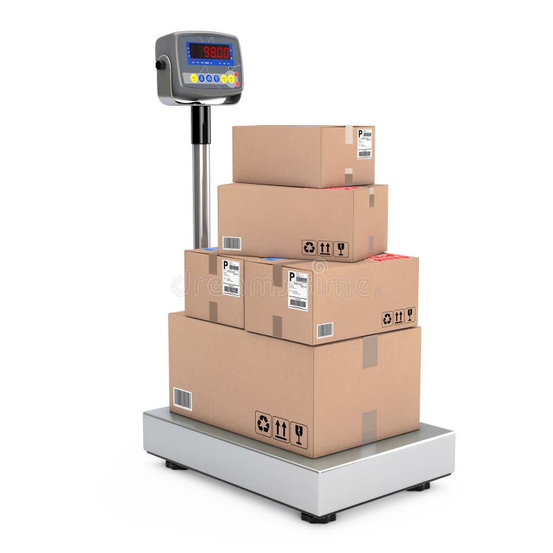 Stacked Cardboard Boxes Parcels Over Warehouse Digital Cargo Scales. 3d ...