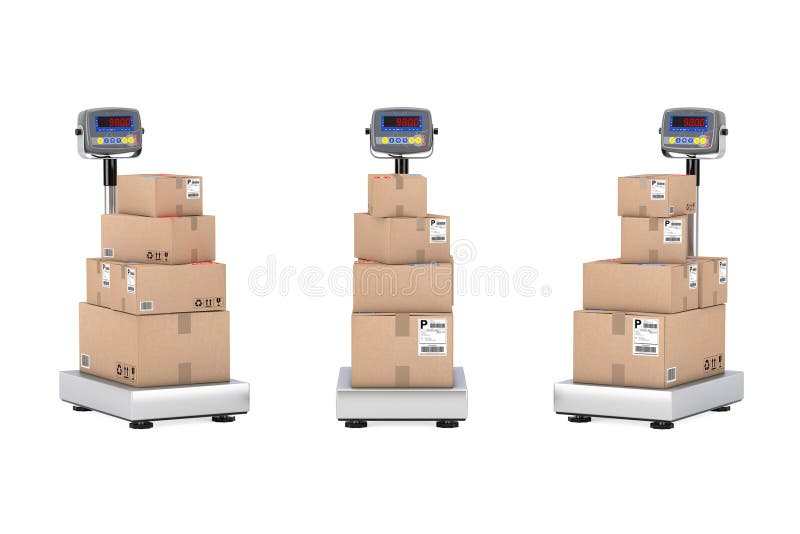 Stacked Cardboard Boxes Parcels Over Warehouse Digital Cargo Scales. 3d ...