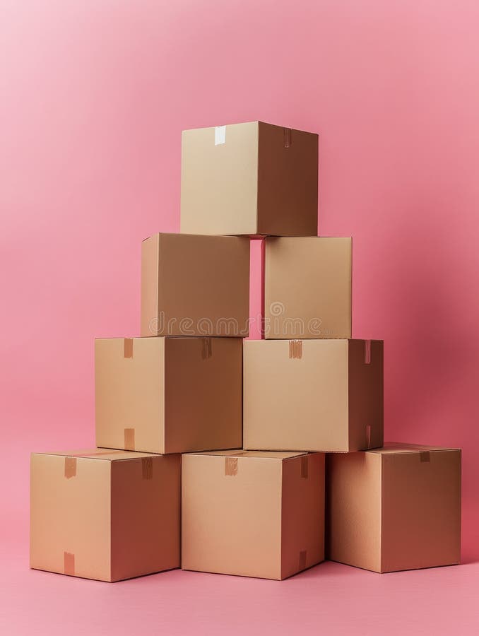 Stacked Cardboard Boxes on a Pink Background. Stock Photo - Image of ...