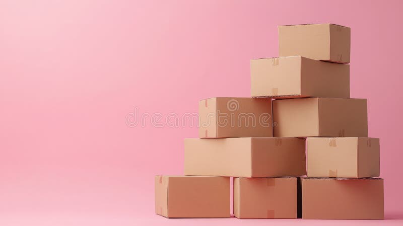 Stacked Cardboard Boxes on a Pink Background. Stock Photo - Image of ...