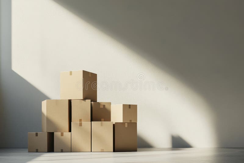 Stacked Cardboard Boxes in a Room with Sunlight Stock Illustration ...