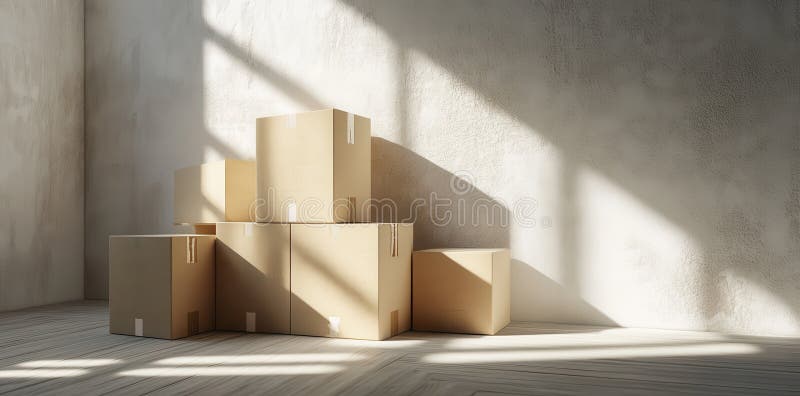 Stacked Cardboard Boxes in a Room with Sunlight Stock Illustration ...