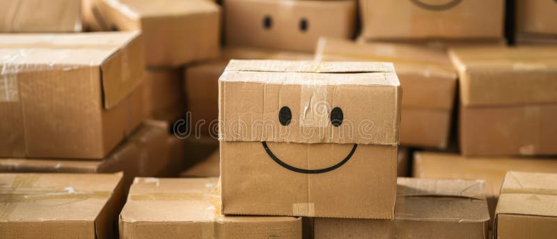 Stacked Cardboard Boxes with Smiley Face Drawn on Top Stock Photo ...