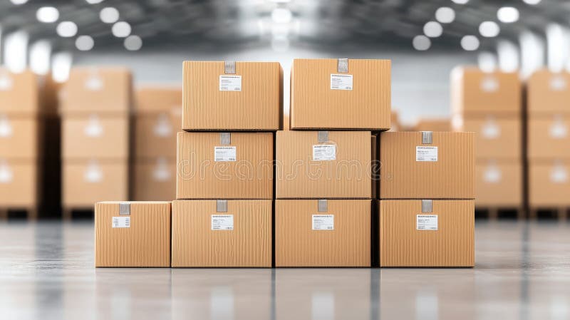 Stacked Cardboard Boxes in a Spacious Warehouse, Showcasing Storage ...