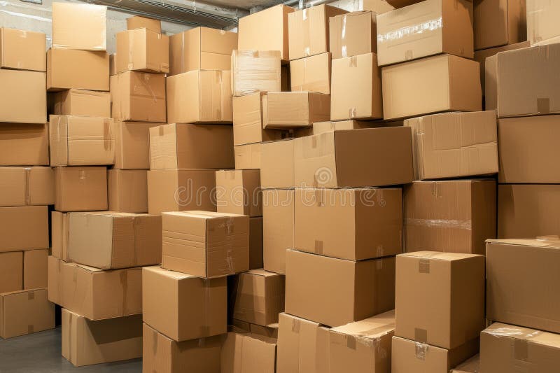 Stacked Cardboard Boxes in a Storage Room for Packaging and Shipping ...