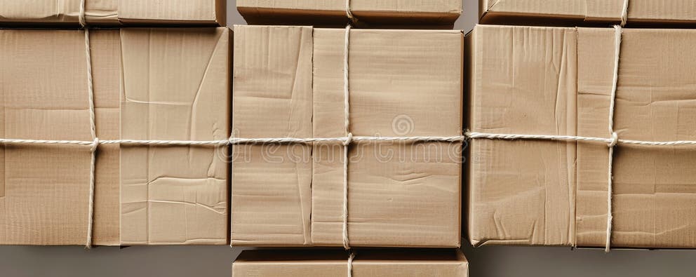 Stacked Cardboard Boxes with String Ties, Overhead View. Shipping and ...