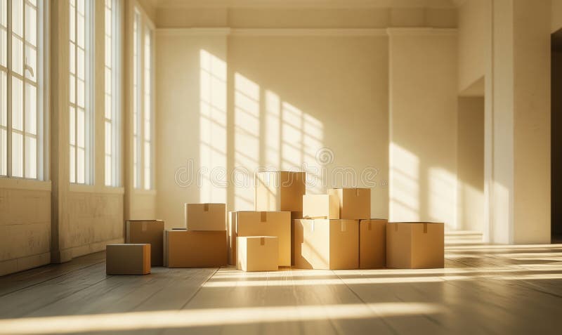Stacked Cardboard Boxes Sunlit Empty Room Wooden Floor Large Windows ...